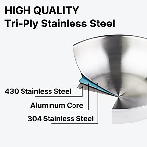 Dr.HOWS ESSENTIAL Tri-ply Stainless Steel Wok Pan, Kitchen Woks & Stir-fry Pans with Lid, Works on Induction, Dishwasher and Oven Broiler Safe, Cooking Frying Pan, Silver (11" wok with lid)