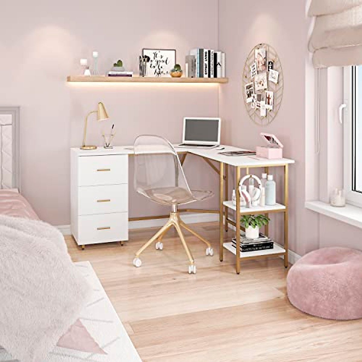 Techni Mobili L Shaped Desk - Two-Toned Computer Desk with Drawers & Storage Shelves - Simple Modern Furniture & Home Office Space Corner Table for Work & Writing