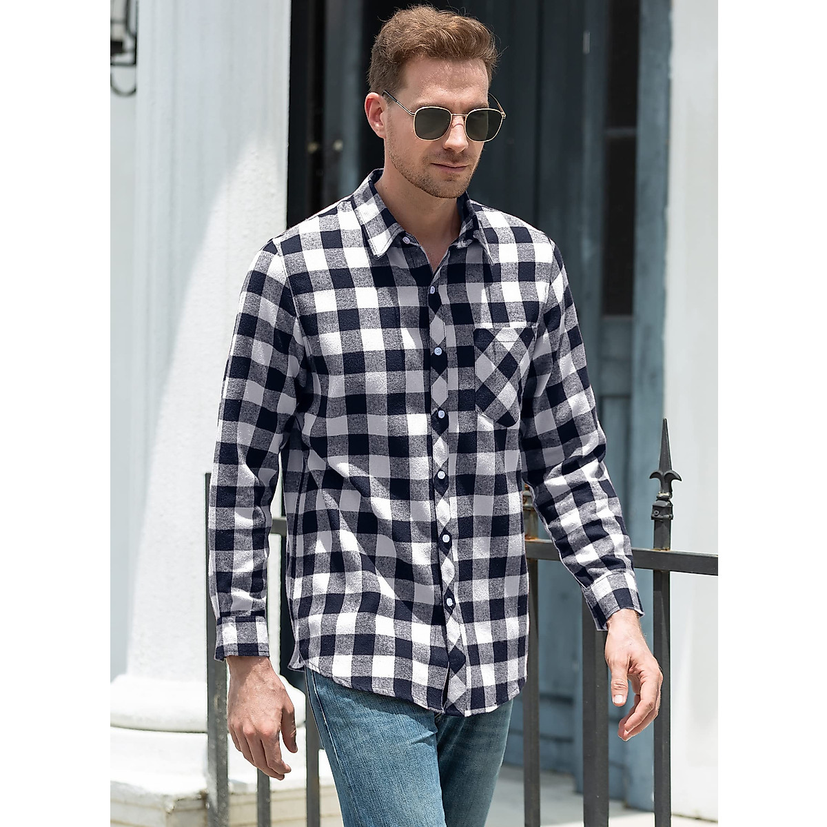 SANGTREE Mens Flannel Plaid Shirts Casual Long Sleeve Button Down Shirt Dad and Son Matching Shirts (Black White, XXL)
