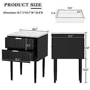 Anbuy Black Marble Nightstands Set of 2 with Gold Handle, Striped Night Stand with Drawers, End Side Table with Faux Marble Top, 2 Drawers End Table Metal Legs for Bedroom, Living Room