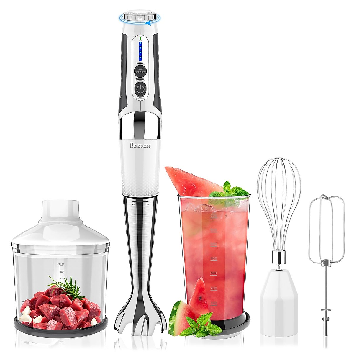 Cordless Hand Blender: 4-in-1 USB Rechargeable Immersion Blender, 21 Variable Speeds & 3-Angle Adjustable with 700ml Chopper, 700ml Beaker, Egg Whisk and Beater for Smoothies, Soup, Baby Food (White)