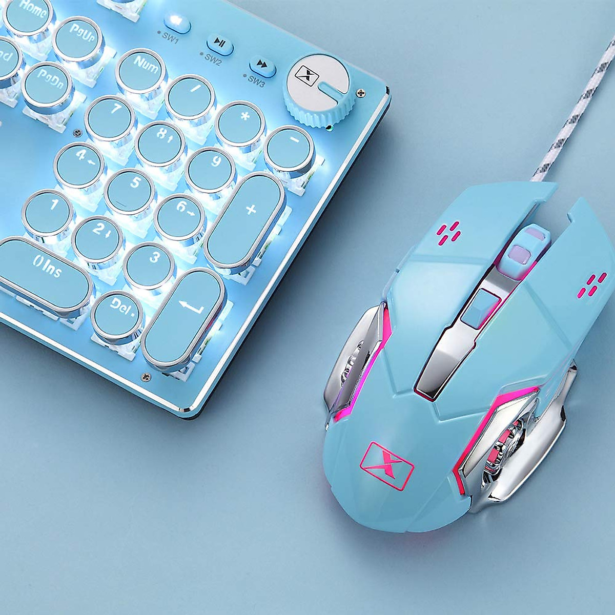 Gaming Keyboard and Mouse,Retro Steampunk Vintage Typewriter-Style Mechanical Keyboard with White LED Backlit,104-Key Anti-Ghosting Blue Switch Wired USB Metal Panel Round Keycaps(Blue)