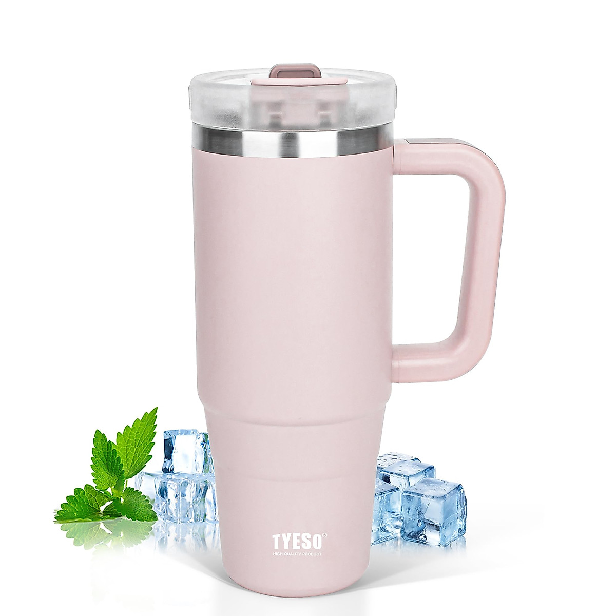TYESO 30 oz Tumbler with Handle, Straw and Lid - Leak Resistant Insulated Stainless Steel Water Bottle, Car Cup Holder Friendly Travel Coffee Mug Pink - Gifts for Men & Women