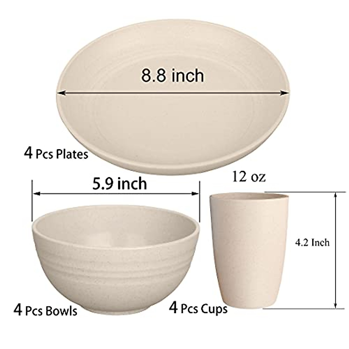 LuckyZone Wheat Straw Dinnerware Sets for 4 (Reusable Plates, Bowls & Cups) - Lightweight Unbreakable Dinner Camping Dishes - Dishwasher & Microwave Safe, Eco Friendly(12Pcs/Beige)