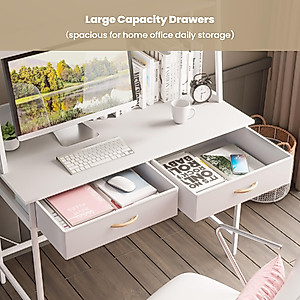 JOINHOM Home Office Desk with Drawers - Small Desks with Hutch & Book Shelves, Study Table for Small Spaces, Computer Desk with Power Outlet and USB Charging Ports, White