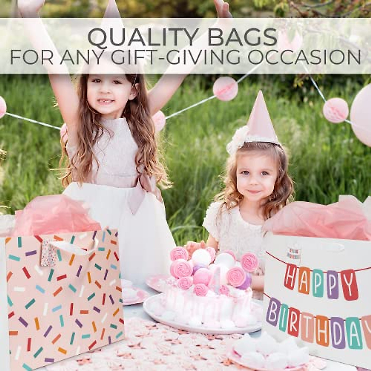 Beautiful Birthday Gift Bags Set of 2 - Large 16" Bags with Handles incl. Matching Tissue Paper, Cards & Stickers - Reusable and Perfect For Presents of Any Girls/Boys Kids Party & Special Occasion