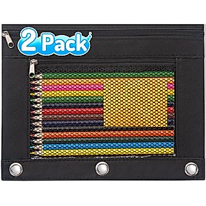Sooez Pencil Pouch for 3 Ring Binder, 2 Pack Fabric Binder Pouch with 2 Pockets, Pencil Bags with Zipper and Reinforced Grommets, Pencil Cases for Binder