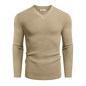 COOFANDY Men V Neck Dress Sweater Knit Long Sleeve Casual Slim Fit Pullover Sweater Khaki