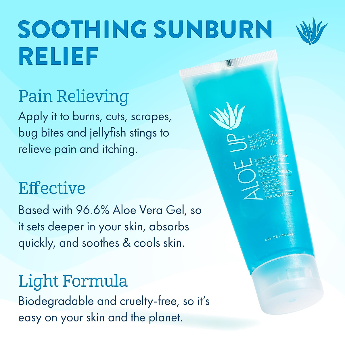 ALOE UP Aloe Ice Sunburn Relief Jelly - Face and Body Organic After Sun Gel - With 96.6% Pure Aloe Vera Gel - Reef Safe - Alcohol- and Fragrance-Free - 4 Oz