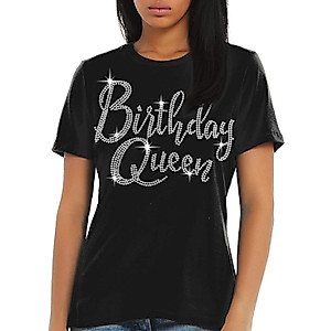 Birthday Tees for Women - Rhinestone Girly Birthday Queen T-Shirt - Birthday Party Shirts - X-Large - Black Tee(Queen RS) Blk/XL