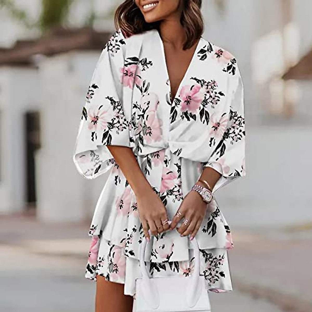 Womens Dresses 2023 Summer V Neck 3/4 Sleeve Casual Loose Beach Dress Plus Size Floral Swing A-Line Short Dresses Vacation Outfits for Women Cute Spring Clothes Mini Resort Wear(A White,Small)