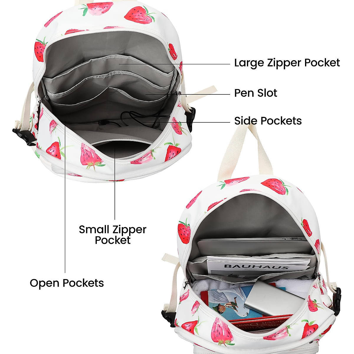 Dimanito Laptop Backpack with USB charging port for laptop up to 15 inch Men Women College Outdoor Travel Backpack (Strawberry)