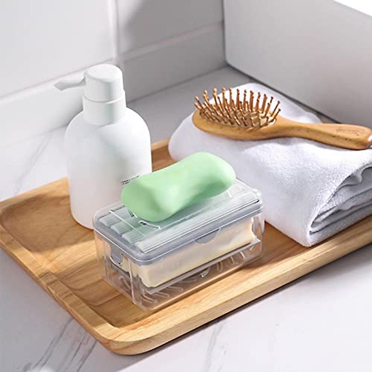 CYFANG Soap Tray Multifunctional Soap Tray Hands-Free Foaming Soap Tray Household Storage Box Drain Tray Lightluxuryblue