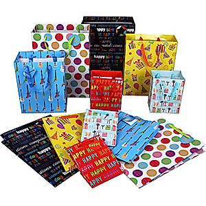 12 Pcs Birthday Gift Bags, Large, Medium and Small Gift Bags Assortment for Boys, Girls, Women, Men (Assorted Sizes)
