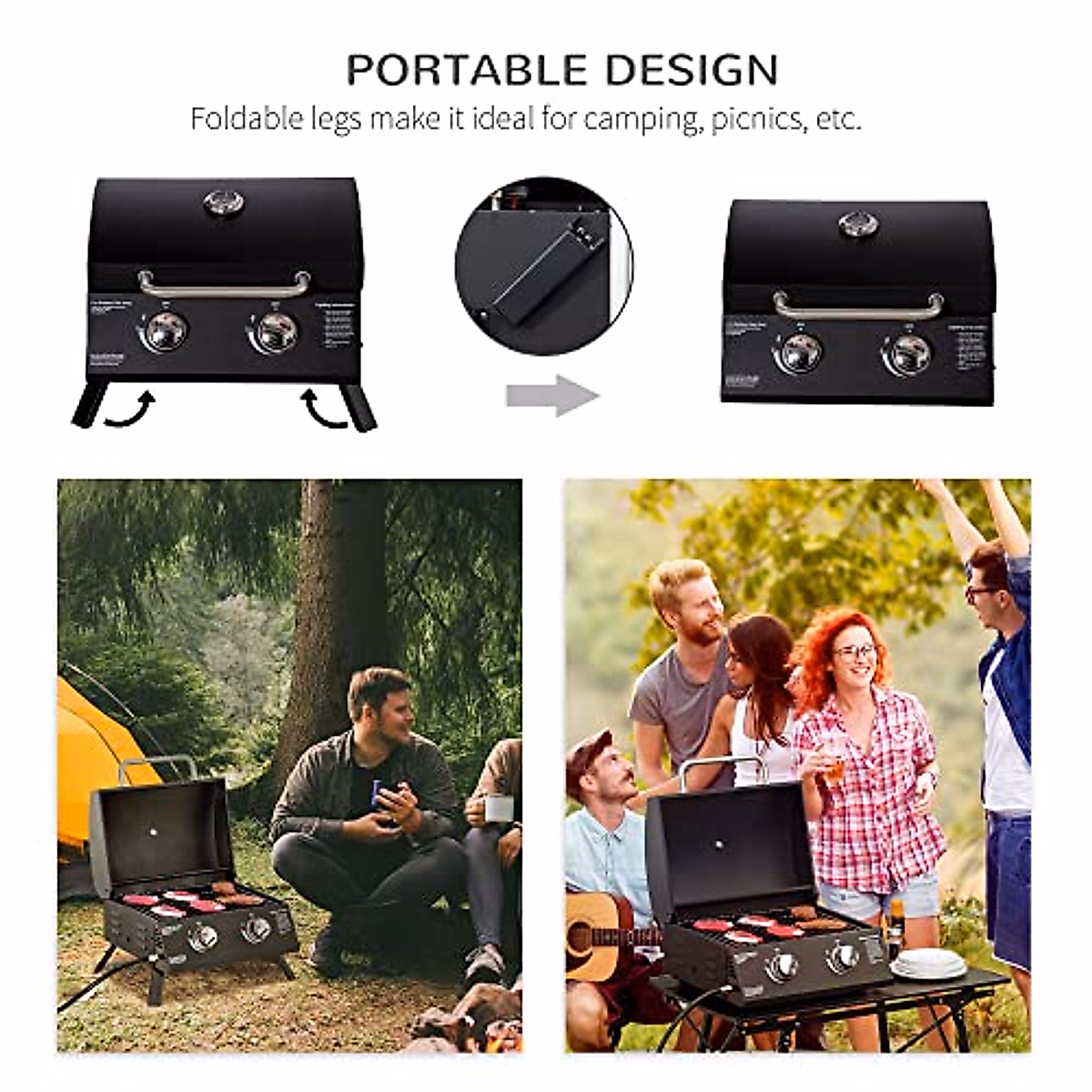 Outsunny 2 Burner Propane Gas Grill Outdoor Portable Tabletop BBQ with Foldable Legs, Lid, Thermometer for Camping, Picnic, Backyard, Black