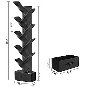 MAHANCRIS Tree Bookshelf, 9-Tier Bookshelf with Drawer, Wooden Book Storage Rack, Floor Standing Bookcase, Utility Organizer Shelves for CDs/Books/Movies, for Living Room, Home Office, Black BKB7101