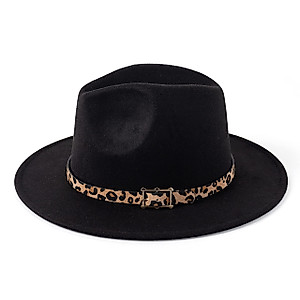 HUDANHUWEI Women's Wide Brim Felt Fedora Panama Hat with Leopard Belt Buckle Black