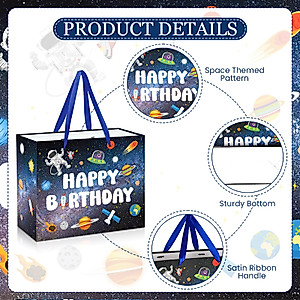 Outer Space Birthday Gift Bag for Kids, Blue Gift Bag with Card Tissue Paper Rocket Planet Gift Bag Birthday Wrapping Paper Bags Outer Space Party Gift Bag Decorations for Boys Girls Birthday Party