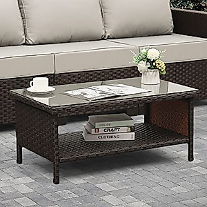 Outdoor Wicker Coffee Table Patio Furniture Garden Rattan 2-Layer Glass Table with Storage and Furniture Cover, Brown