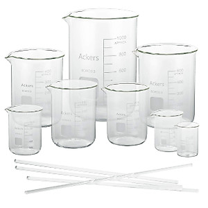 Ackers Boro3.3,Griffin Low Form Scientific Glass Beaker Set-25ml,50ml,100ml,200ml,250ml,400ml,500ml,1000 mL (Pack of 8) 丨4 Stirring Rods