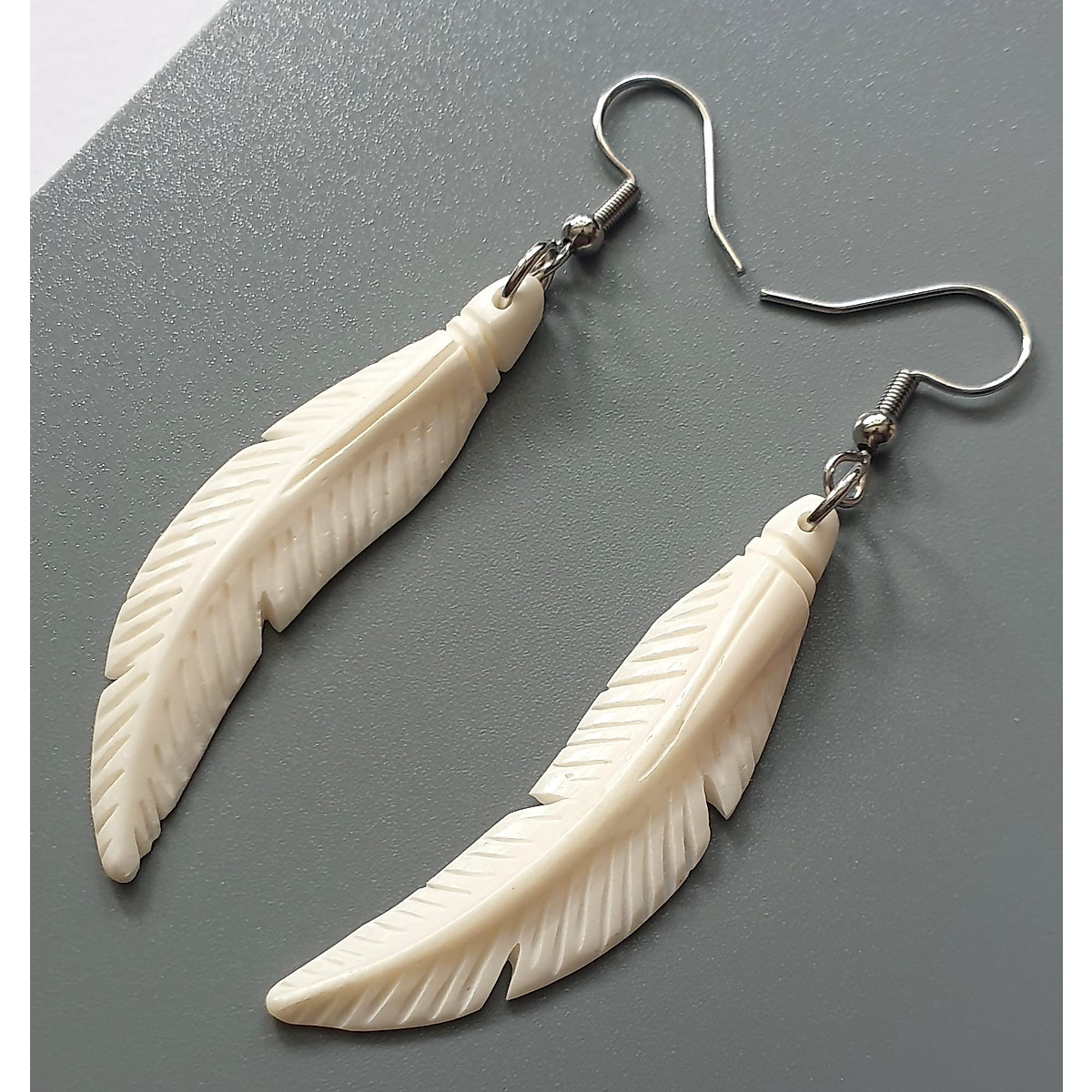 Swimmi 2.4 inch Bone Feather Earrings, Hand Craved Feather Bone Earrings, Handmade Dangle Drop Hook Bone Jewelry FA026