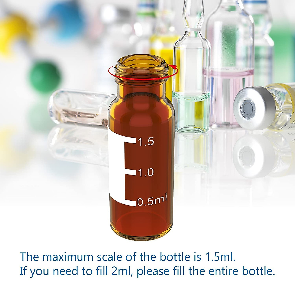FOUR E'S SCIENTIFIC 2ml Autosampler Vials 1000 Pack - HPLC Vial | 9-425 Amber Vial with Blue Screw Caps | Writing Patch | Graduation | White PTFE & Red Silicone Septa Fit for LC Sampler