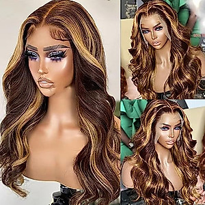 28inch Honey Blonde Lace Front Wig Human Hair 13x4 HD Transparent 4/27 Highlight Ombre Lace Front Wigs Human Hair Pre Plucked With Baby Hair 180% Density Body Wave Human Hair Wigs