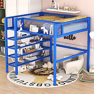 Bellemave Full Size Metal Loft Bed with 4-Tier Shelves and Storage, Loft Bed with Bookshelf (Blue)