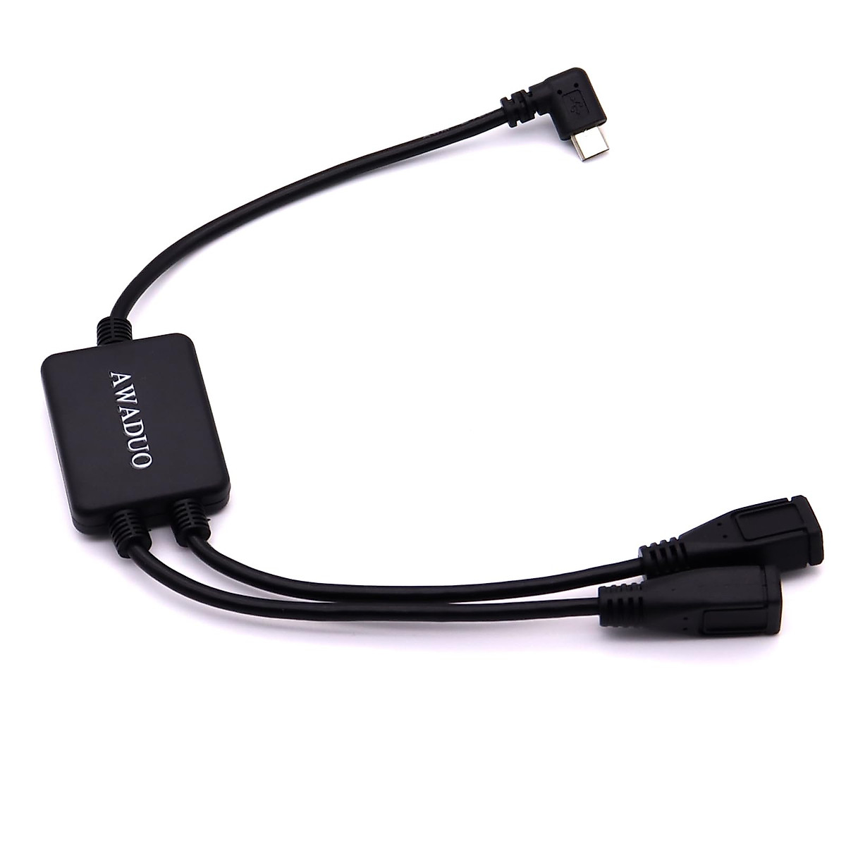 AWADUO 90 Degree Micro USB Male to Female Splitter 1 in 2 Out,Micro USB 1 to 2 Y Splitter Cable High Speed Charging Cable 30cm Length