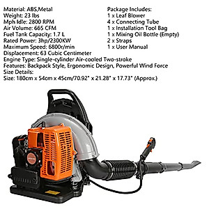 Leaf Blower Gas Powered with Adjustable Backpack Strap, 665 CFM 6800 RPM(r/min) 63cc 2-Stroke Engine Multi-Purpose Cordless High Strength Snow Blower for Outdoor Yard Garden Snowfield & Meadowland