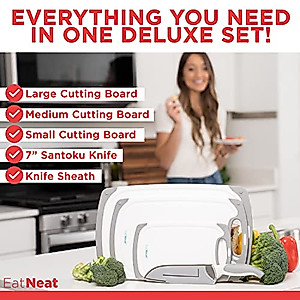 EatNeat 5 pc Cutting Board and Kitchen Knife Set - Premium Plastic Cutting Boards and Kitchen Knife Set, Home Essentials Kit Includes Stainless Steel Santoku Knife With Sheath and 3 Chopping Boards