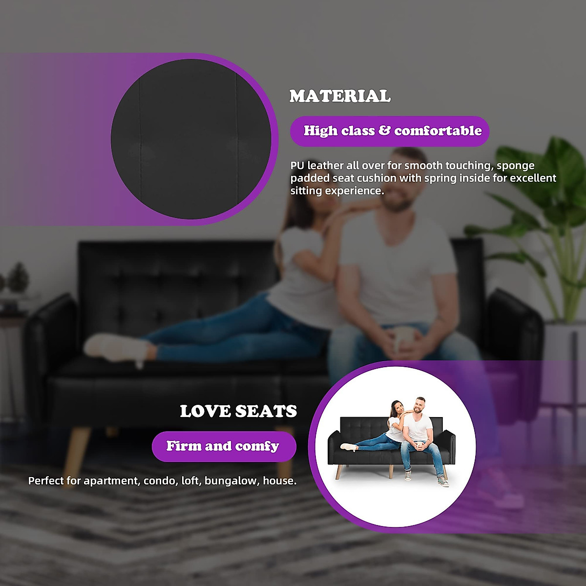 TYBOATLE Faux Leather Convertible 65'' Folding Futon Sofa Bed w/ 2 USB, Loveseat for Small Space, Apartment, Dorm, Living Room, Office, Black