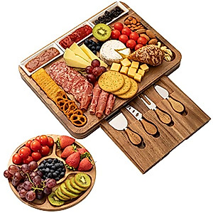 Oyydecor Cheese Board and Knife Set Large Acacia Wooden Charcuterie Board Set, Perfect Wood Serving Plate for Meats, Cheese, Crackers and Wine for Men and Women Thanksgiving Birthday Wedding Gifts