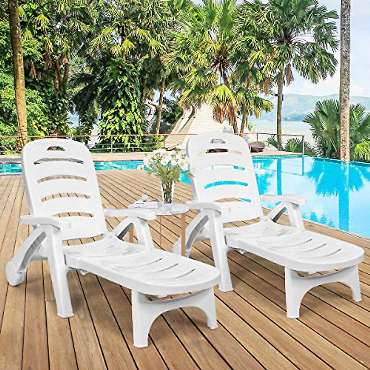 Giantex Lounge Chair Outdoor Folding Lounger with Wheels, 5 Adjustable Backrest Positions Lightweight Recliner Chaise Chair Suitable for Patio, Backyard, Poolside Chaise Lounge