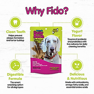 Fido Naturals Belly Bones for Dogs, Yogurt Flavored Medium Dog Dental Treats - 8 Treats Per Pack (3 Pack) - (Made in USA) - Plaque and Tartar Control for Fresh Breath, Digestive Health Support