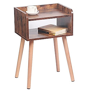 LUCKNOCK Nightstand, Mid-Century Modern Bedside Table with Solid Wood Legs, Adorable and Practical End Side Table with Open Storage Shelf, Fashion Bedroom Furniture Rustic Brown.