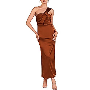 ANRABESS Women's Silk One Shoulder Wedding Guest Bodycon Dress Cocktail Evening Party Long Midi Dress A942-Xiuhong-M Rust