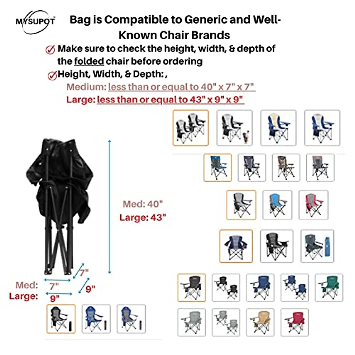 MYSUPOT 43"x9"x9" Replacement Bag for Folding Camping Chair, Camp Chairs, Foldable, Portable, Hammock, Yoga Mat, Beach Chair, Umbrella, Tent Bag 420D Oxford Polyester Fabric w/Side Pockets (Black, L)