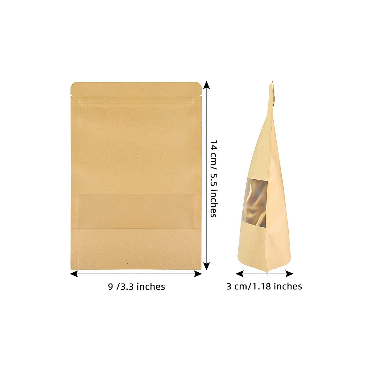 100 Pcs Kraft Stand Up Pouches 3.5 x 5.5 Inch Resealable Zip Lock Food Storage Bags with Matte Window for Packaging