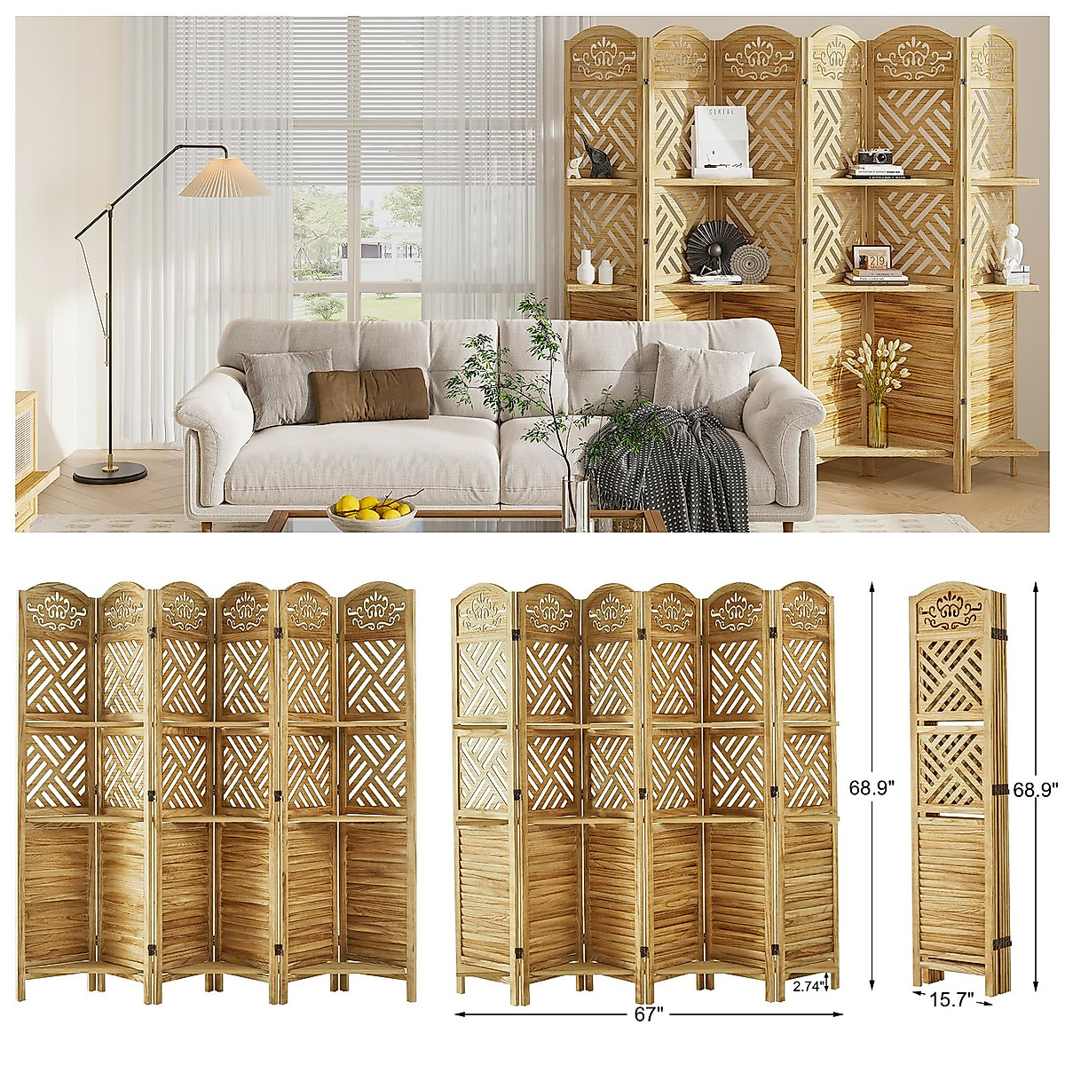 Room Divider with Shelves, 5.75ft Tall Folding Wood Carved Screen with Double Hinges for Home Office Bedroom Hotel Decoration (6 Panels, Natural)