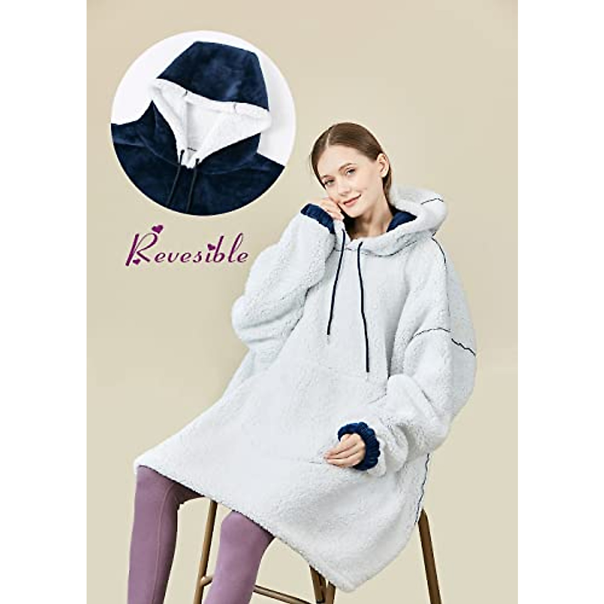 PACIFICTEX Ultra Plush Blanket Hoodie, Wearable Blanket Hoodie, Sherpa Blanket Sweatshirt, Hood with Drawcords, One Size Fits All (Blue)