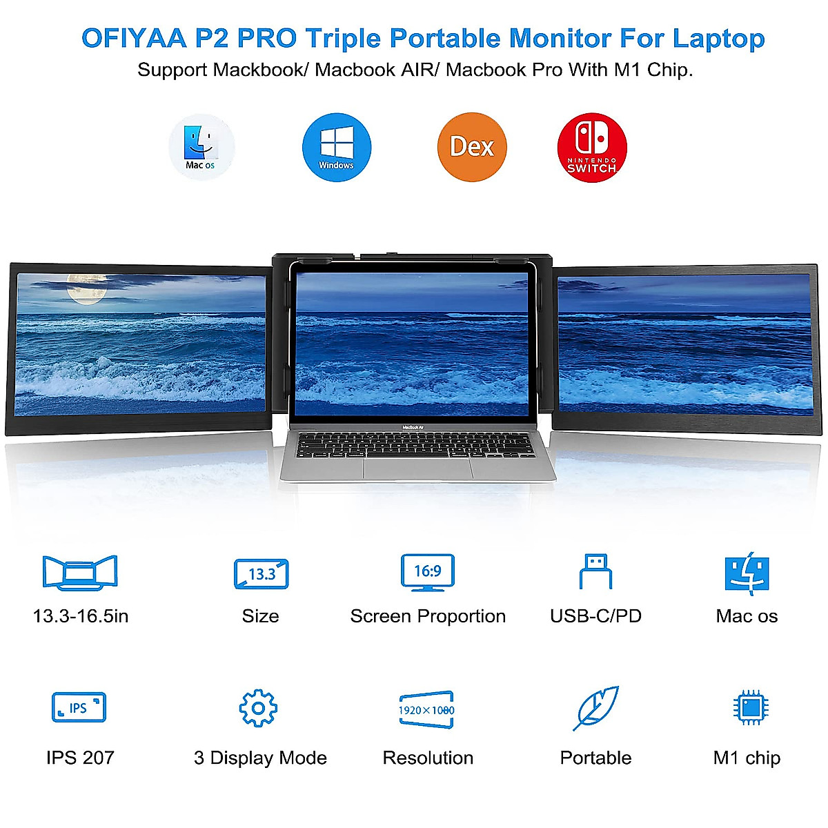 OFIYAA P2 Pro Portable Triple Monitor for Laptop, 13.3 ” Laptop Monitor Screen External Dual Screen Extender with One Cable Connect for 13”-16.5” Mac Windows Chrome Laptop/MacBook PC/PS5/Switch