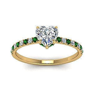 Jewelrygift Hidden Halo Petite Diamond Ring Yellow Gold Plated Created Emerald Heart Shape Green Color Halo Engagement Rings Prong Setting in Size 8 Party Wear Daily Wear Ornament
