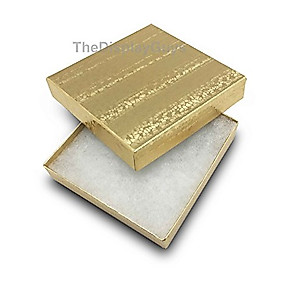 TheDisplayGuys 25-Pack #33 Cotton Filled Cardboard Paper Jewelry Box Gift Case - Gold Foil (3 1/2" x 3 1/2" x 1")