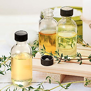 12 Pack, 2 oz Small Clear Glass Bottles with Lids & 3 Stainless Steel Funnels - 60ml Boston Round Sample Bottles for Potion, Juice, Ginger Shots, Oils, Whiskey, Liquids - Mini Travel Bottles, NO Leakage