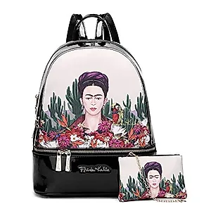 Frida Kahlo Cactus Licensed Faux Leather Large Backpack (Black)