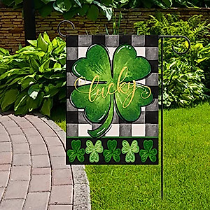 Artofy St Patricks Day Shamrock Small Decorative Garden Flag, Lucky Clover Irish Yard Lawn Outside Decor, Buffalo Plaid Check Farmhouse Outdoor Home Decoration Double Sided 12 x 18