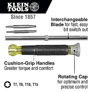 Klein Tools 32585 Multi-bit Precision Screwdriver Set, 4-in-1 Electronics Screwdriver with Industrial Strength Torx Bits, Spin Top