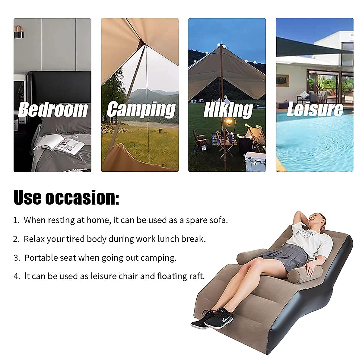 ungh Inflatable Lazy Sofa Chair with Household air Pump, Foldable Lounge Chair with Armrests for Living Room, Bedroom, Office,Travel, Camping （Brown）