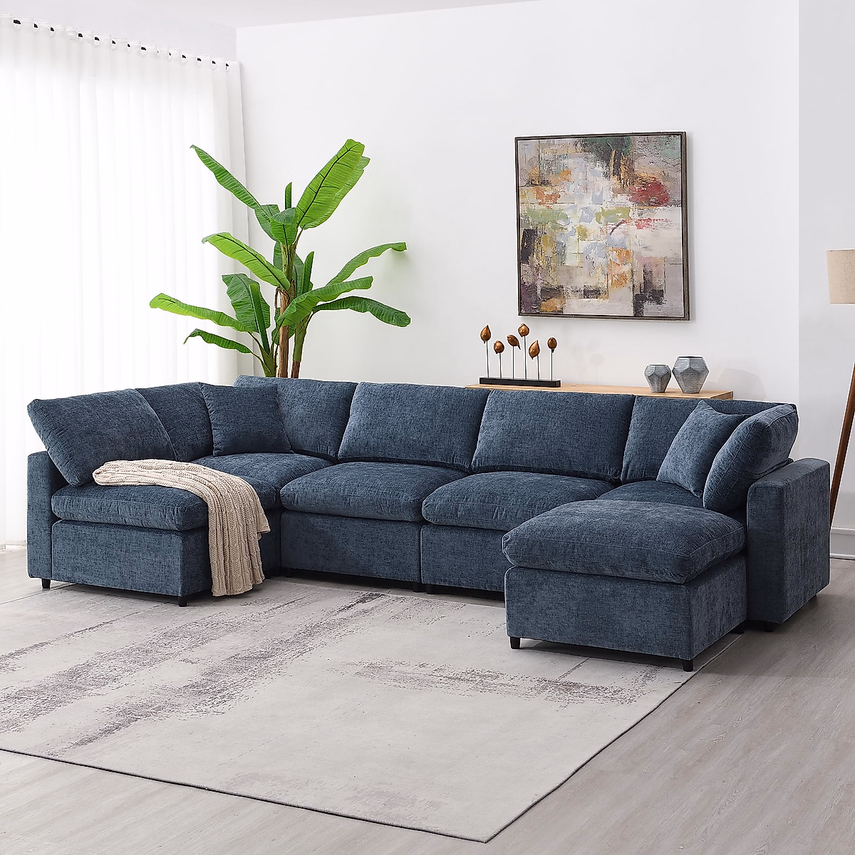 Modern Modular Sofa, 6 Seat Chenille Fabric Sectional Couch with Ottoman, U Shaped Convertible Sleeper Sofa for Living Room, Apartment